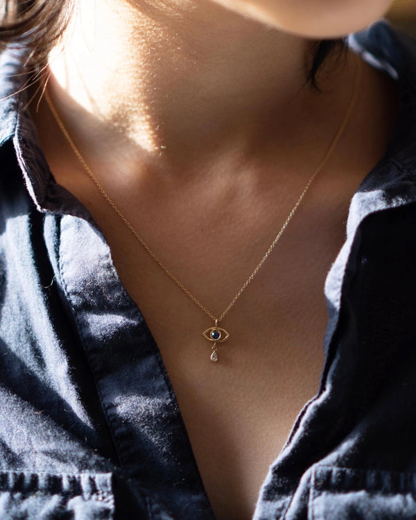 Evil Eye Tear Drop Necklace - 14k Gold - Diamonds and Sapphires ...